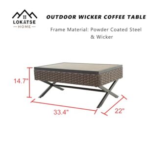 LOKATSE HOME Outdoor Side Wicker Patio Rattan Bistro Furniture Metal Frame End Coffee Tables with X Shaped Steel Legs & Wood Grain Desktop, Brown