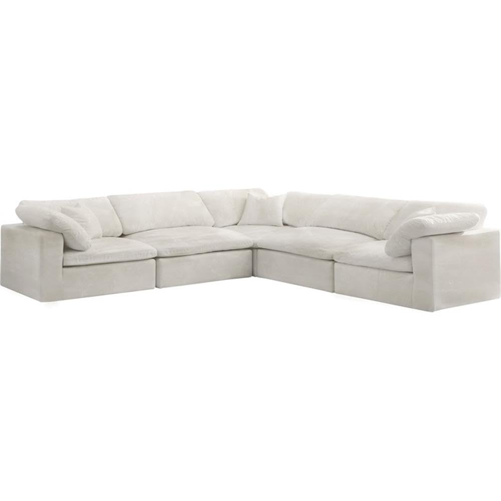 Meridian Furniture 634Cream-Sec5C Cozy Collection Contemporary Fiber Filled Comfort Overstuffed Velvet Upholstered Modular Sectional Seating for 5 Cream