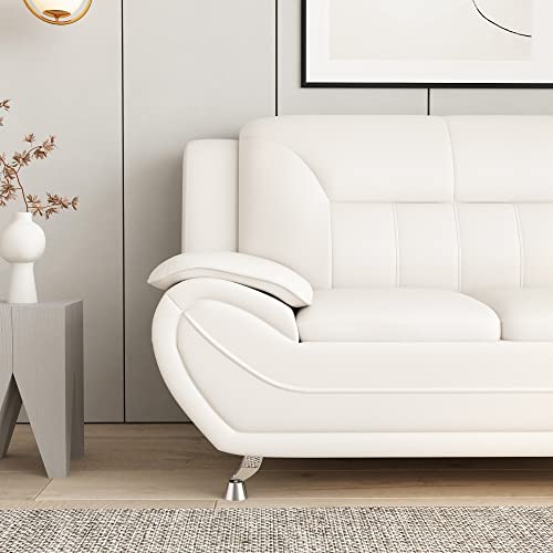 Container Furniture Direct Michael Modern Faux Leather Upholstered Stainless Steel Legs Living Room Loveseat, Milky White