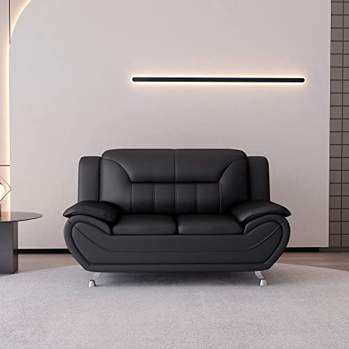 Container Furniture Direct Michael Modern Faux Leather Upholstered Stainless Steel Legs Living Room Loveseat, Midnight Black