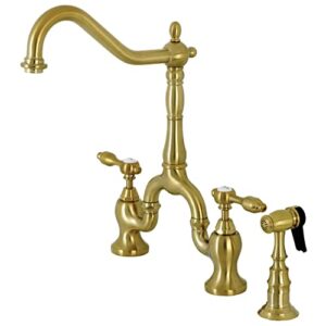 kingston brass ks7757talbs tudor bridge kitchen faucet, brushed brass