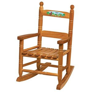 fox valley traders personalized childrens rocking chair, features classic rocker design and hardwood construction, natural finish with woodland animals design