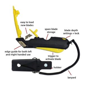 Veltec EZ-1000 Safety Box Cutter Utility Knife, 3 Blade Depth Setting, Squeeze Trigger and Dual Side Edge Guide, 2 Blades, Holster and Lanyard (Yellow)