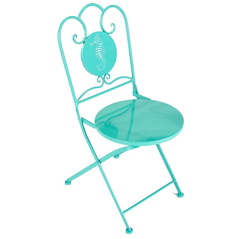 The Lakeside Collection Retro Vintage Metal Bistro Chair Patio Furniture with Seahorse Detail in Teal