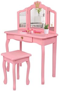 value box kids vanity table and chair set, 2 in 1 princess makeup dressing table with drawer & tri-folding mirror, child pretend beauty play vanity set for girls