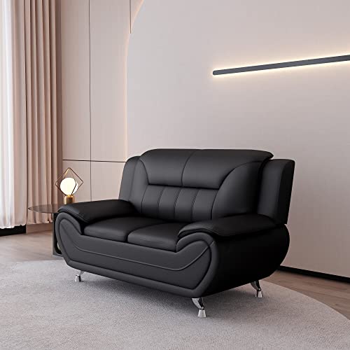 Container Furniture Direct Michael Modern Faux Leather Upholstered Stainless Steel Legs Living Room Loveseat, Midnight Black