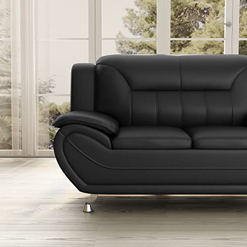 Container Furniture Direct Michael Modern Faux Leather Upholstered Stainless Steel Legs Living Room Loveseat, Midnight Black