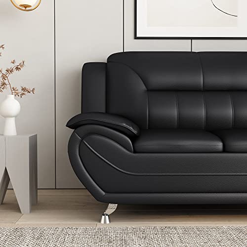 Container Furniture Direct Michael Modern Faux Leather Upholstered Stainless Steel Legs Living Room Loveseat, Midnight Black