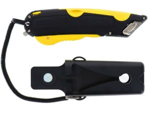 veltec ez-2000 safety box cutter utility knife, tape splitter at back, 3 blade depth setting, squeeze trigger and dual side edge guide, 2 blades (yellow)