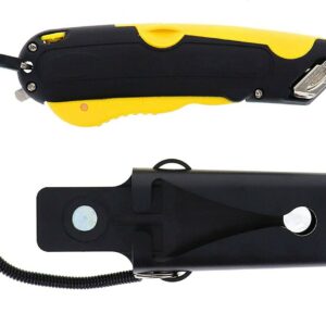 Veltec EZ-2000 Safety Box Cutter Utility Knife, Tape Splitter at Back, 3 Blade Depth Setting, Squeeze Trigger and Dual Side Edge Guide, 2 Blades (Yellow)