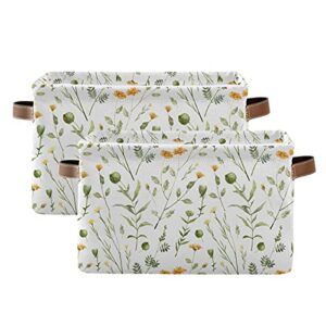 large foldable storage bin green leaves branch flowers fabric storage baskets collapsible decorative baskets organizing basket bin with pu handles for shelves home closet bedroom living room-2pack