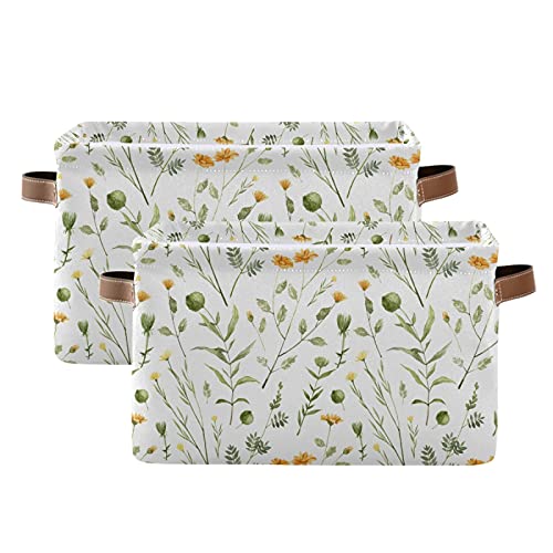 Large Foldable Storage Bin Green Leaves Branch Flowers Fabric Storage Baskets Collapsible Decorative Baskets Organizing Basket Bin with PU Handles for Shelves Home Closet Bedroom Living Room-2Pack