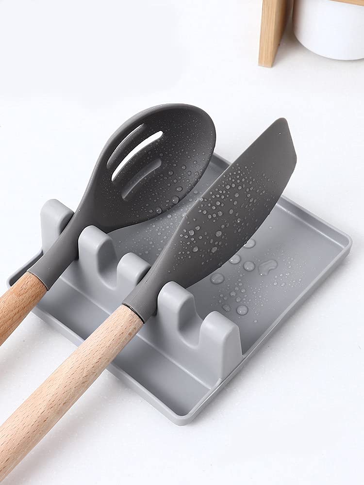 Kitchen Utensil Rest with Drip Pad, Multifunctional Lid Holder & Multiple Cooking Utensil Holder for Spoons, Ladles, Tongs, BPA-Free Spoon Rest & Holder for Stove Top, Heat-Resistant - AC2 (Grey)