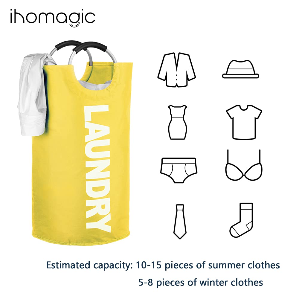 IHOMAGIC 120L Extra Large Freestanding Laundry Baskets with Easy Carry Aluminum Handles for Dirty Clothes,Portable Washing Bin, Foldable College Laundry Bag for Home,Office,Room Decor (Yellow)