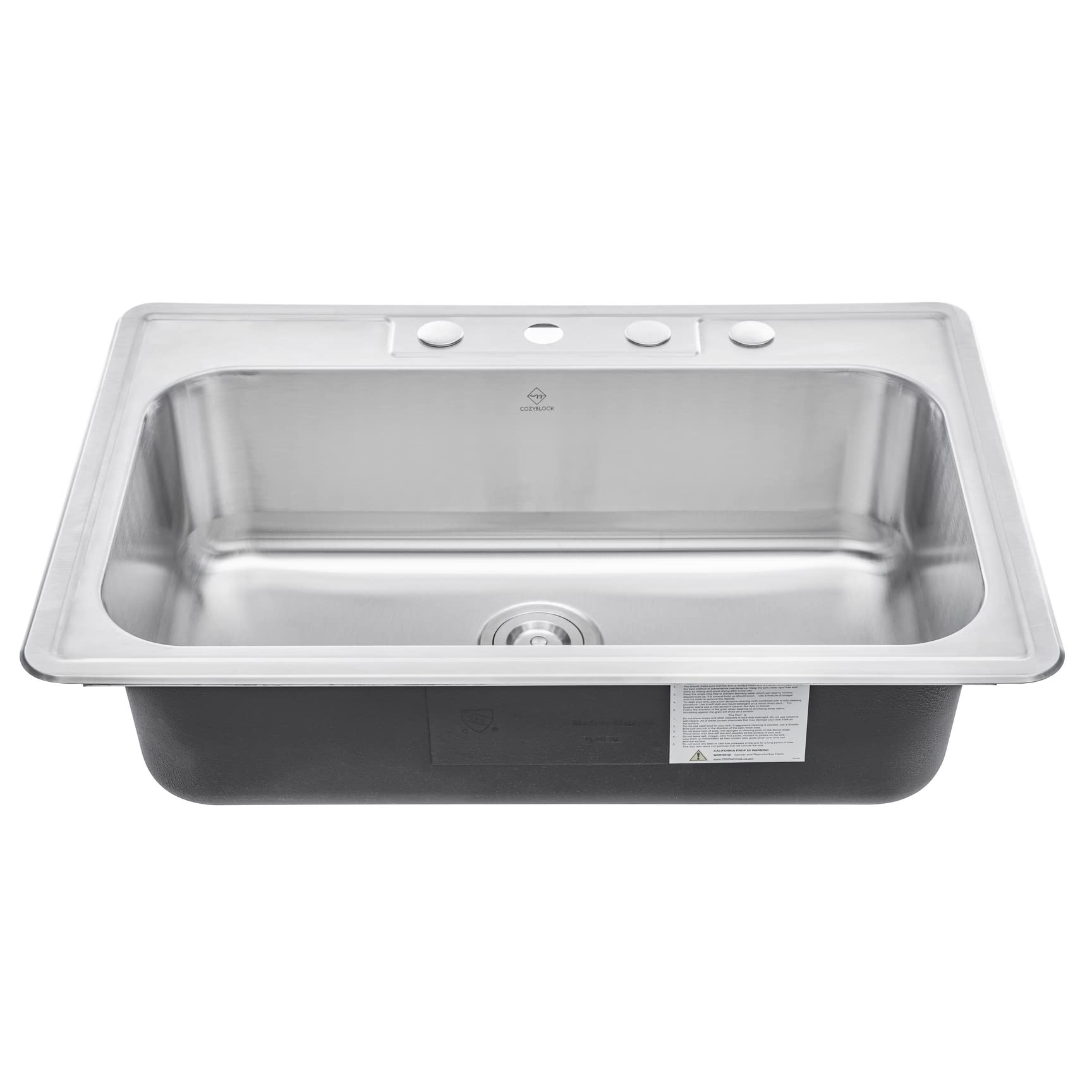 CozyBlock 33 x 22 x 9 Inch Top-mount/Drop-in Stainless Steel Single Bowl Kitchen Sink with Strainer and Cutting Board - 18 Gauge Stainless Steel-4 Faucet Hole