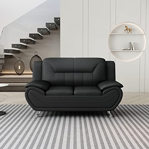 Container Furniture Direct Michael Modern Faux Leather Upholstered Stainless Steel Legs Living Room Loveseat, Midnight Black