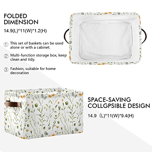 Large Foldable Storage Bin Green Leaves Branch Flowers Fabric Storage Baskets Collapsible Decorative Baskets Organizing Basket Bin with PU Handles for Shelves Home Closet Bedroom Living Room-2Pack