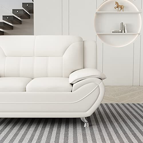 Container Furniture Direct Michael Modern Faux Leather Upholstered Stainless Steel Legs Living Room Loveseat, Milky White