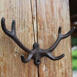 kiaotime vintage cast iron deer antlers wall coat hooks hanger rack wall decor, indoor outdoor home garden country farmhouse chic wall mounted hooks for coats towels keys robes