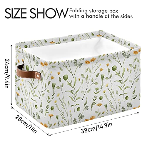 Large Foldable Storage Bin Green Leaves Branch Flowers Fabric Storage Baskets Collapsible Decorative Baskets Organizing Basket Bin with PU Handles for Shelves Home Closet Bedroom Living Room-2Pack