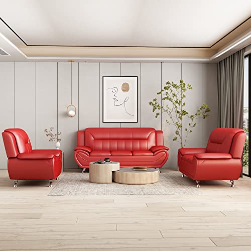 Container Furniture Direct Michael Modern Faux Leather Upholstered Stainless Steel Legs Living Room Loveseat, Persian Red