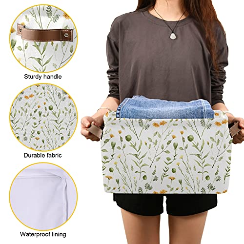 Large Foldable Storage Bin Green Leaves Branch Flowers Fabric Storage Baskets Collapsible Decorative Baskets Organizing Basket Bin with PU Handles for Shelves Home Closet Bedroom Living Room-2Pack