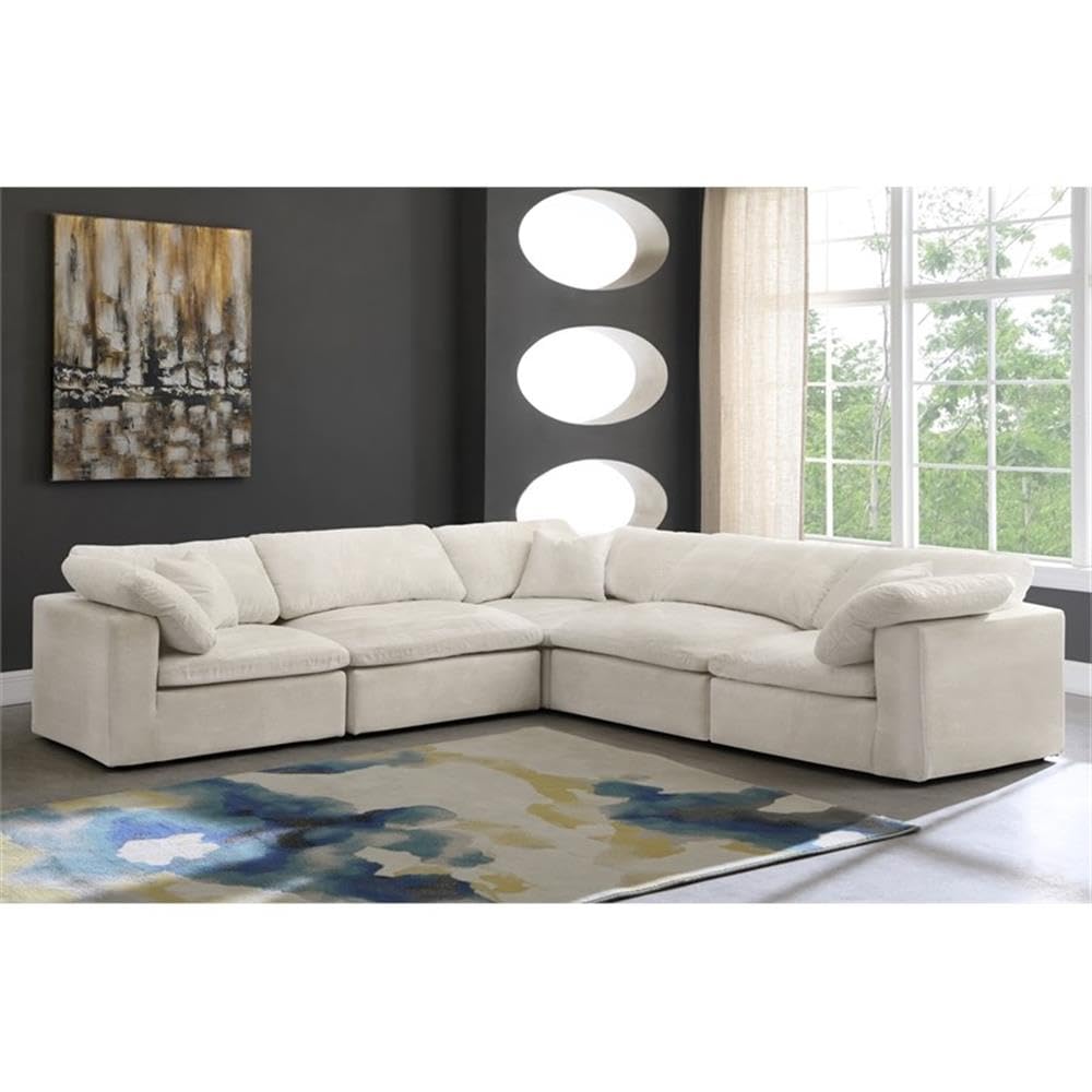 Meridian Furniture 634Cream-Sec5C Cozy Collection Contemporary Fiber Filled Comfort Overstuffed Velvet Upholstered Modular Sectional Seating for 5 Cream