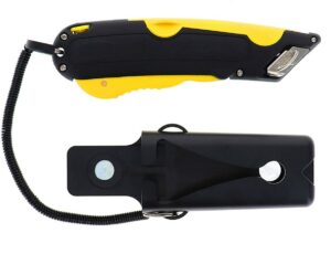 veltec ez-1000 safety box cutter utility knife, 3 blade depth setting, squeeze trigger and dual side edge guide, 2 blades, holster and lanyard (yellow)