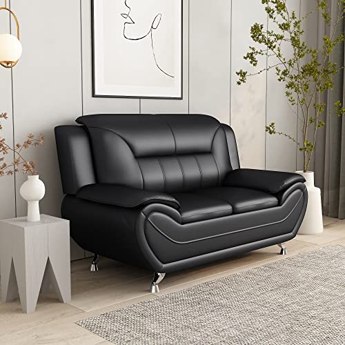 Container Furniture Direct Michael Modern Faux Leather Upholstered Stainless Steel Legs Living Room Loveseat, Midnight Black