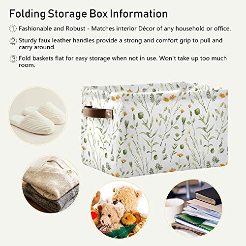 Large Foldable Storage Bin Green Leaves Branch Flowers Fabric Storage Baskets Collapsible Decorative Baskets Organizing Basket Bin with PU Handles for Shelves Home Closet Bedroom Living Room-2Pack