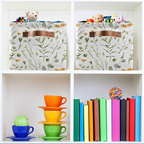 Large Foldable Storage Bin Green Leaves Branch Flowers Fabric Storage Baskets Collapsible Decorative Baskets Organizing Basket Bin with PU Handles for Shelves Home Closet Bedroom Living Room-2Pack