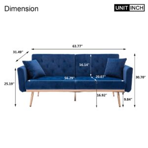 SLEERWAY Velvet Futon Sofa Bed with 5 Golden Metal Legs, Sleeper Sofa Couch with Two Pillows, Convertible Loveseat for Living Room and Bedroom, Blue