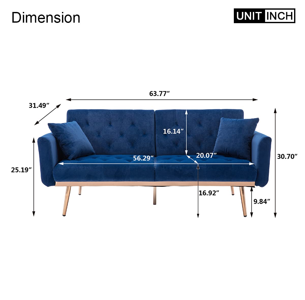 SLEERWAY Velvet Futon Sofa Bed with 5 Golden Metal Legs, Sleeper Sofa Couch with Two Pillows, Convertible Loveseat for Living Room and Bedroom, Blue