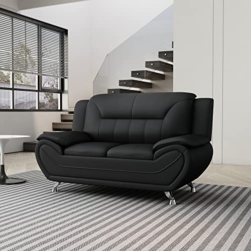 Container Furniture Direct Michael Modern Faux Leather Upholstered Stainless Steel Legs Living Room Loveseat, Midnight Black