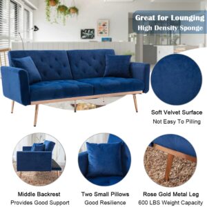 SLEERWAY Velvet Futon Sofa Bed with 5 Golden Metal Legs, Sleeper Sofa Couch with Two Pillows, Convertible Loveseat for Living Room and Bedroom, Blue