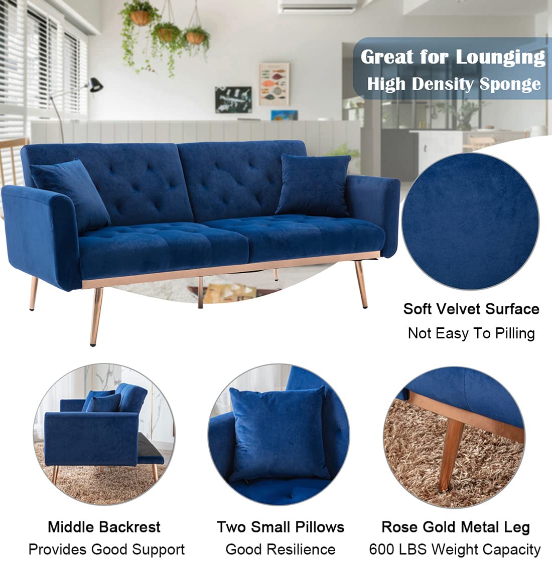 SLEERWAY Velvet Futon Sofa Bed with 5 Golden Metal Legs, Sleeper Sofa Couch with Two Pillows, Convertible Loveseat for Living Room and Bedroom, Blue