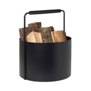 blomus ashi wood basket, firewood basket with handle in black, 37 l x 35 w x 45 h cm, carmine basket made of powder-coated steel and oak