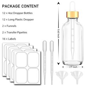 Bumobum Dropper Bottles, 4oz Clear Glass Eye Dropper Bottle for Essential Oils with Labels and Funnels, 12 Pack Tincture Bottles with Golden Top (Unbreakable Plastic Dropper with Measurements)