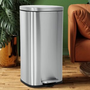 best home 8 gallon stainless steel trash can with lid, hands-free step design, 30l capacity, silver