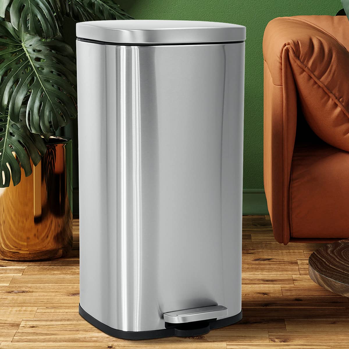 Best Home 8 Gallon Stainless Steel Trash Can with Lid, Hands-Free Step Design, 30L Capacity, Silver