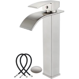 midanya bathroom sink faucet waterfall spout single handle 1 hole deck mount mixer tap lavatory vanity vessel faucet commercial with pop up drain,tall, brushed nickel