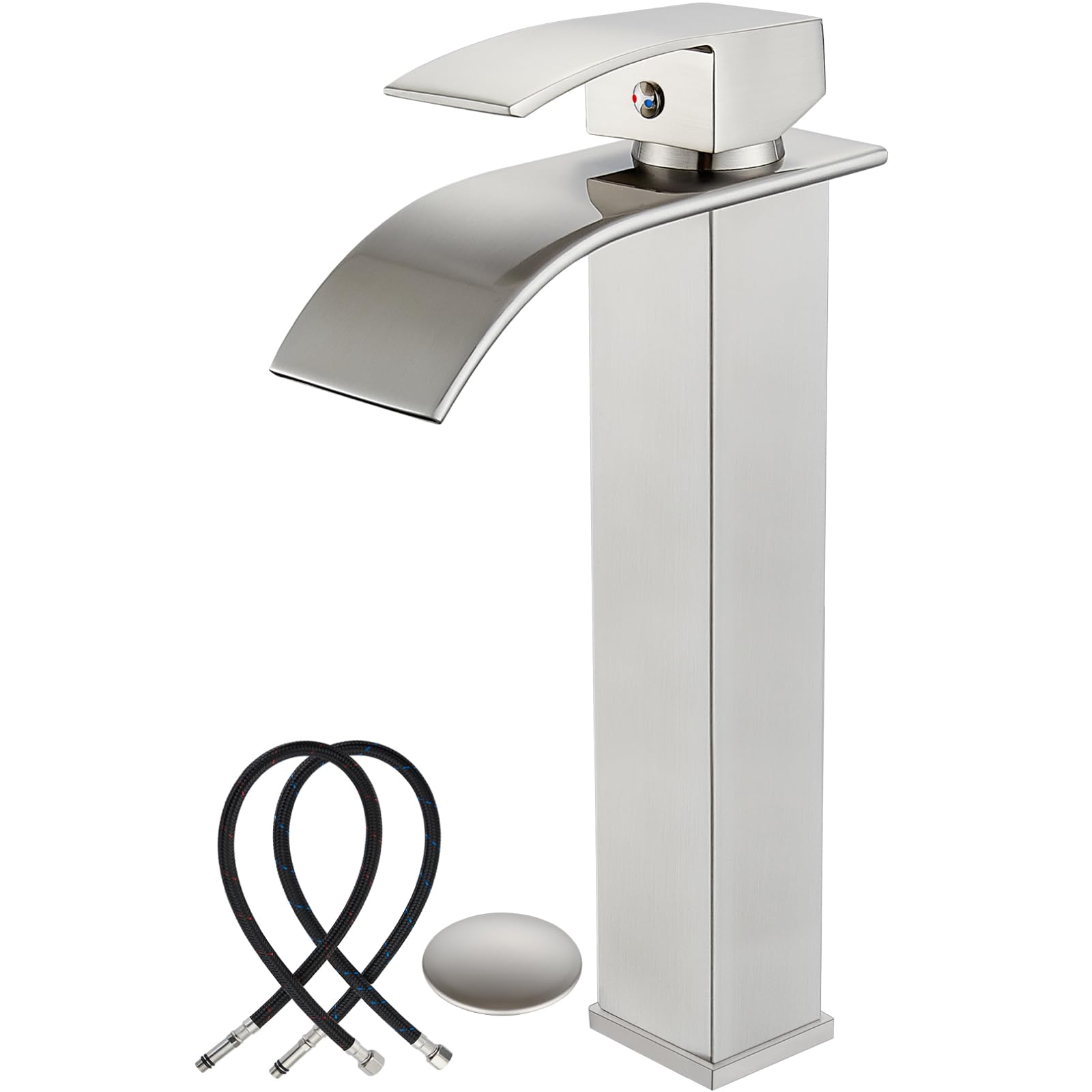 Midanya Bathroom Sink Faucet Waterfall Spout Single Handle 1 Hole Deck Mount Mixer Tap Lavatory Vanity Vessel Faucet Commercial with Pop Up Drain,Tall, Brushed Nickel