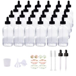 hwashin 24 pack 4oz clear glass bottles with glass eye droppers for essential oils, perfumes & lab chemicals (2 brushes, 2 funnels, 2 extra droppers, 36 pieces labels & 30ml measuring cup included)