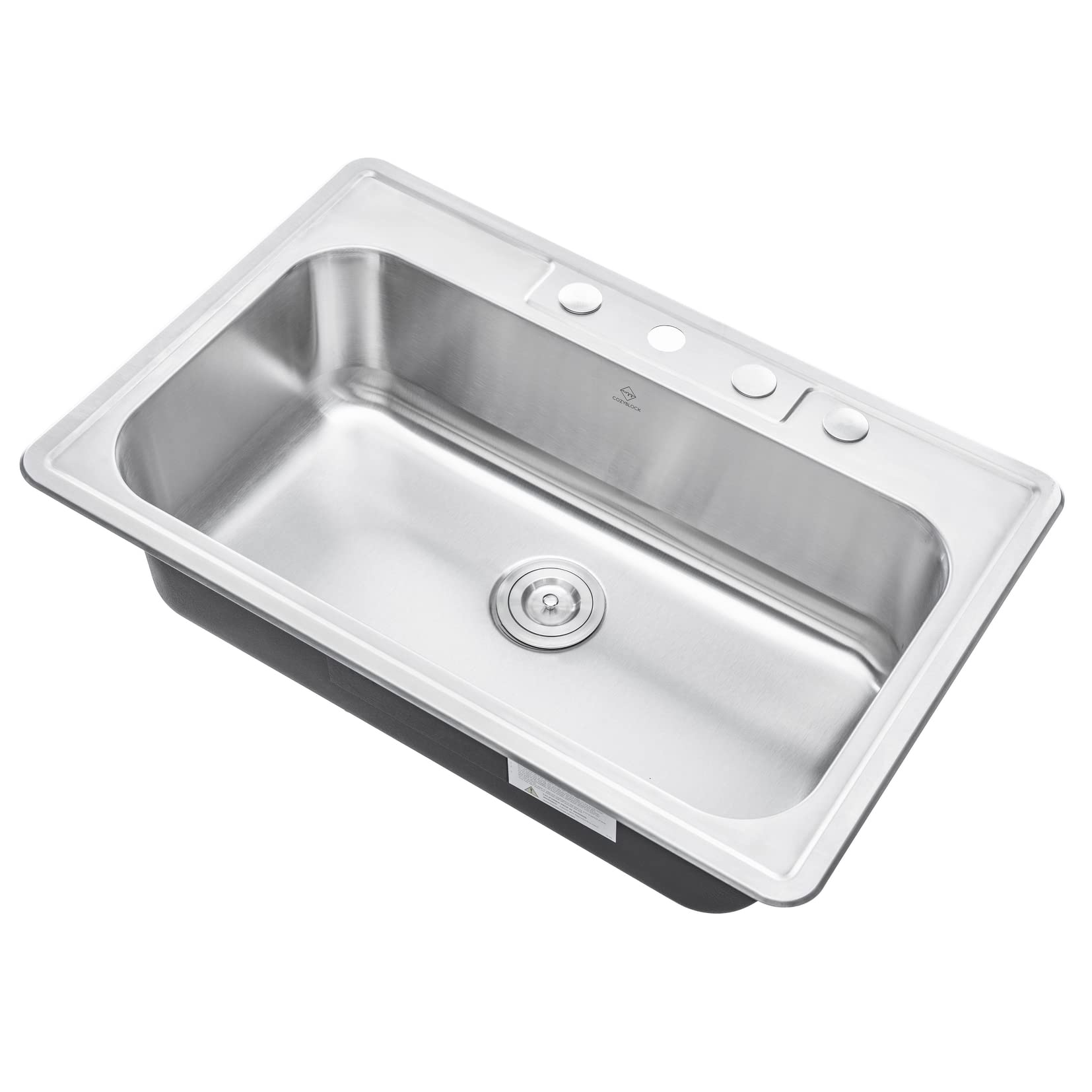 CozyBlock 33 x 22 x 9 Inch Top-mount/Drop-in Stainless Steel Single Bowl Kitchen Sink with Strainer and Cutting Board - 18 Gauge Stainless Steel-4 Faucet Hole