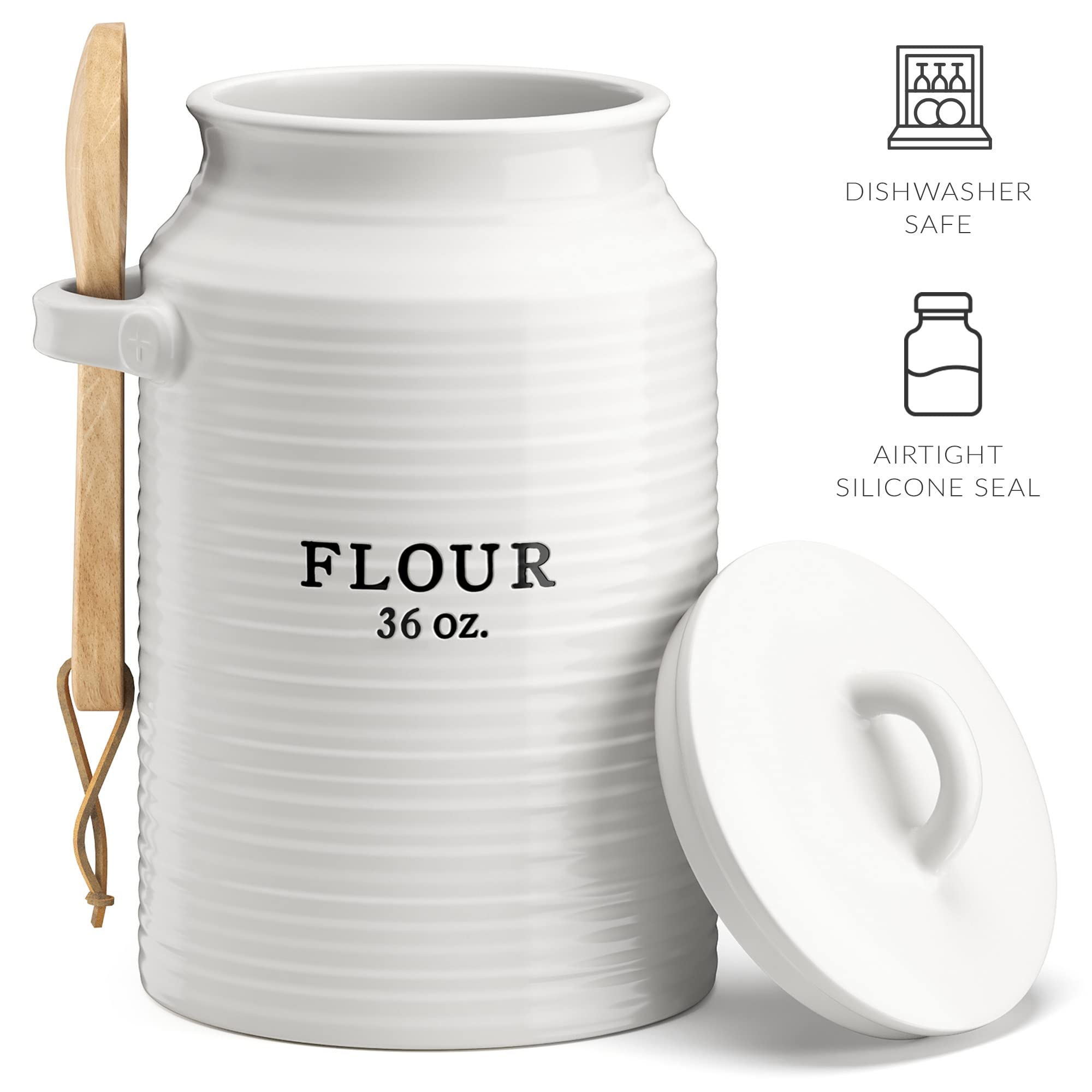 Barnyard Designs Flour Canister for Kitchen Counter, Decorative Ceramic Flour Container, Rustic Farmhouse Canister Jar, White