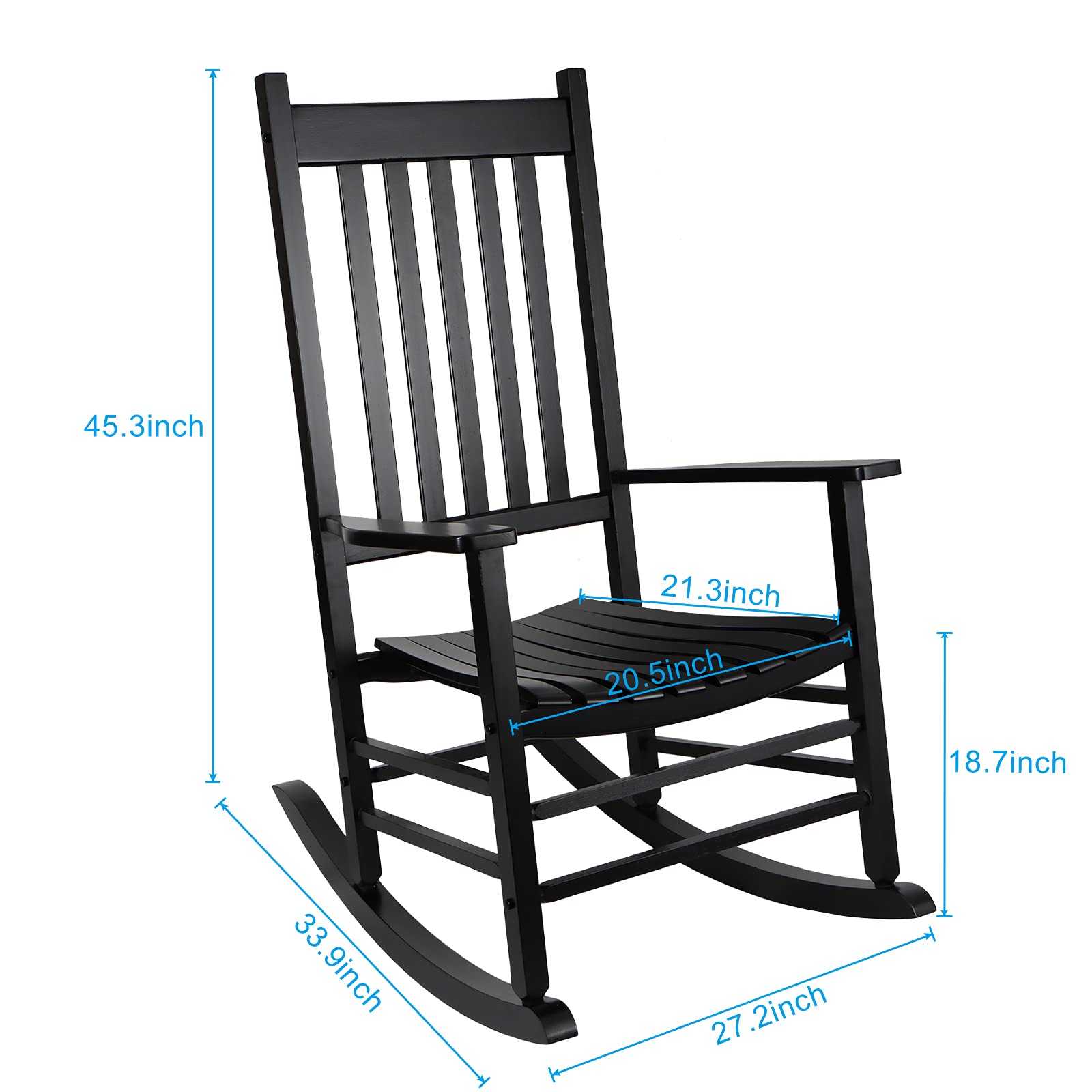 XINYUN Rocking Chair Wooden Frame Chair Indoor and Outdoor Fade Resistant Rocker with 350lbs Weight Capacity All Weather Porch Rocker for Garden Lawn Balcony Backyard and Patio Porch Black