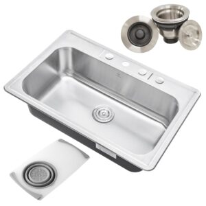 cozyblock 33 x 22 x 9 inch top-mount/drop-in stainless steel single bowl kitchen sink with strainer and cutting board - 18 gauge stainless steel-4 faucet hole