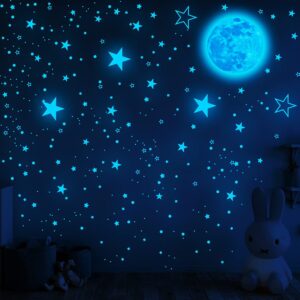 1049pcs glow in the dark stars and moon for ceiling, wall bedroom chirldren's room stickers decals decor, boys & girls' gifts (stars and moon of blue light)