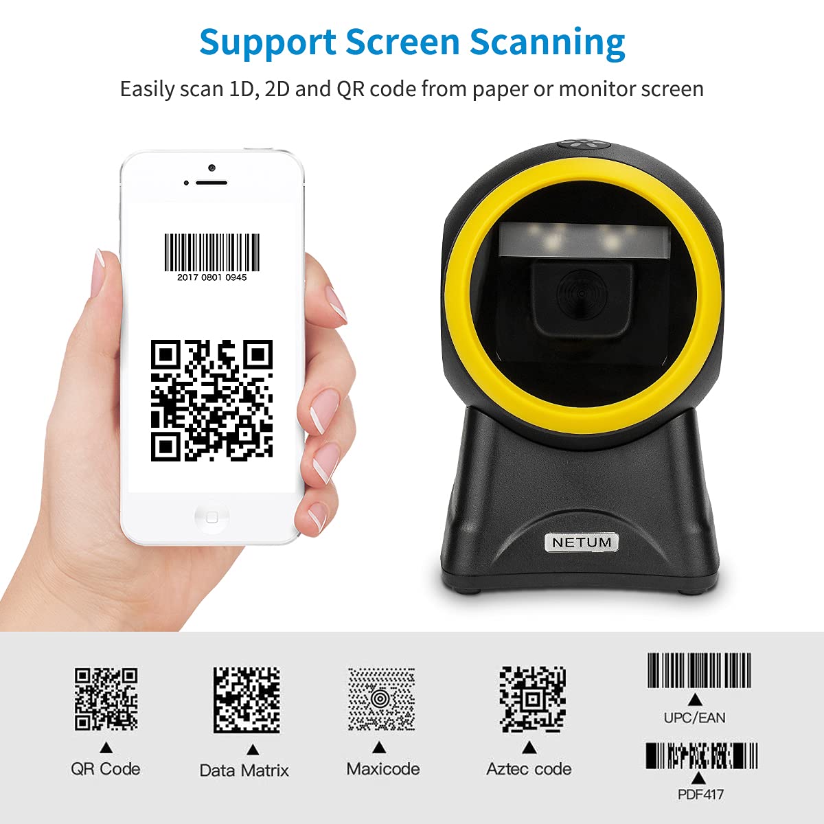 NETUM 1D 2D Desktop Barcode Scanner Omnidirectional Hands-Free Barcode Reader Capture Barcodes from Screen, Automatic Image Sensing for Supermarket Library Retail Store