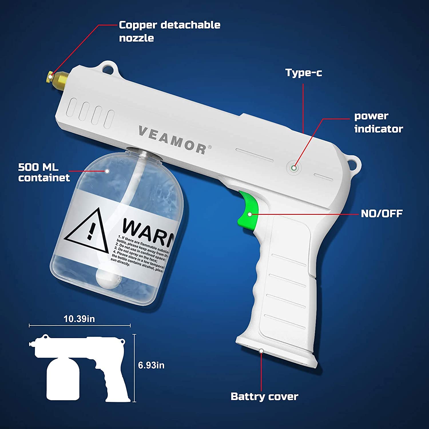 VEAMOR Nano Sanitizer Spray Machine, Handheld ULV Electric Spray Gun Fogger, Rechargeable Portable Mist Gun Disinfection Machine with Strong Light.